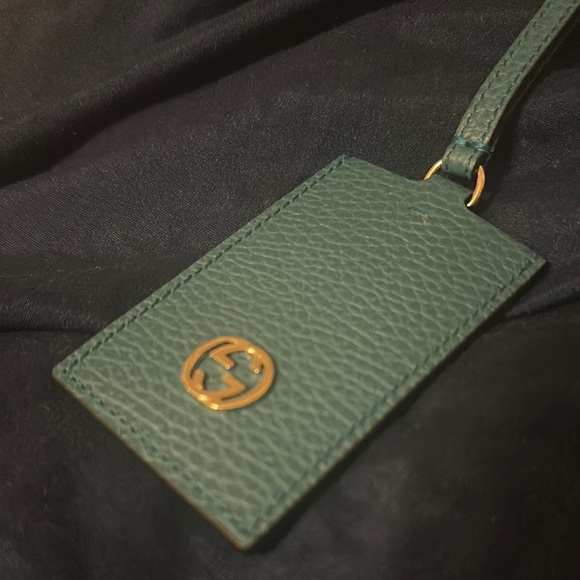 Gucci | Accessories | Gucci Teal Leather Luggage Tag With Gold Logo ...